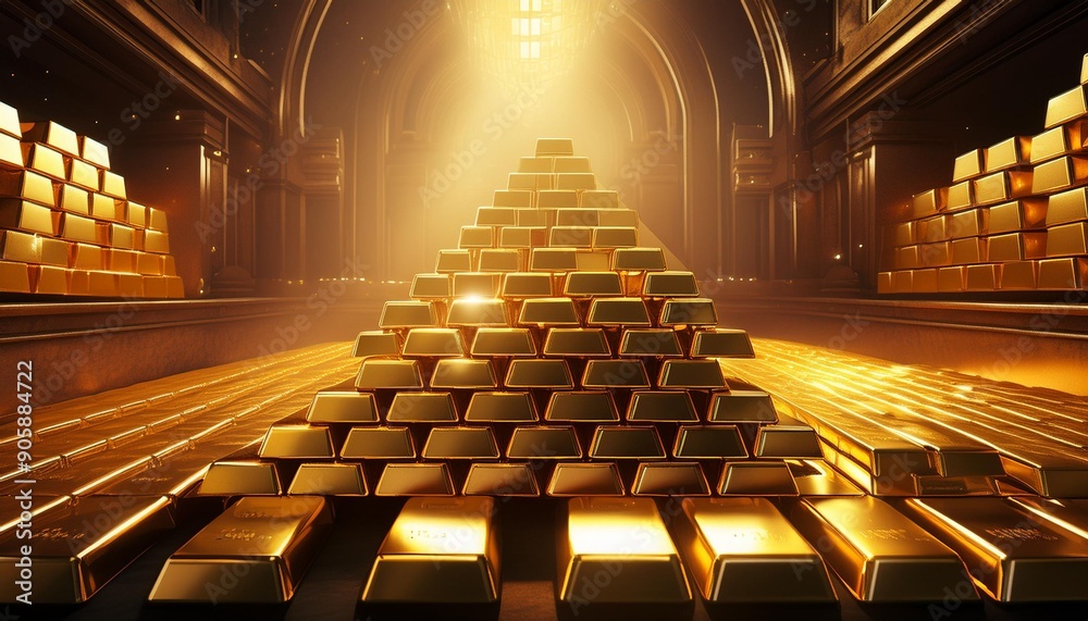 A pyramid of gold bars inside an opulent, illuminated vault ...
