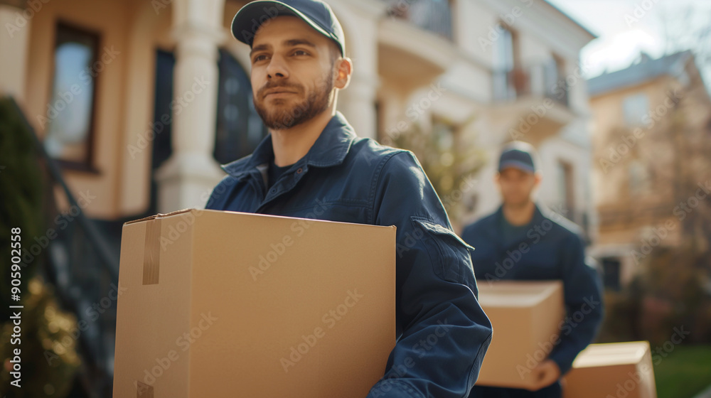 Delivery men carrying packages to customer’s house, last mile logistics ...