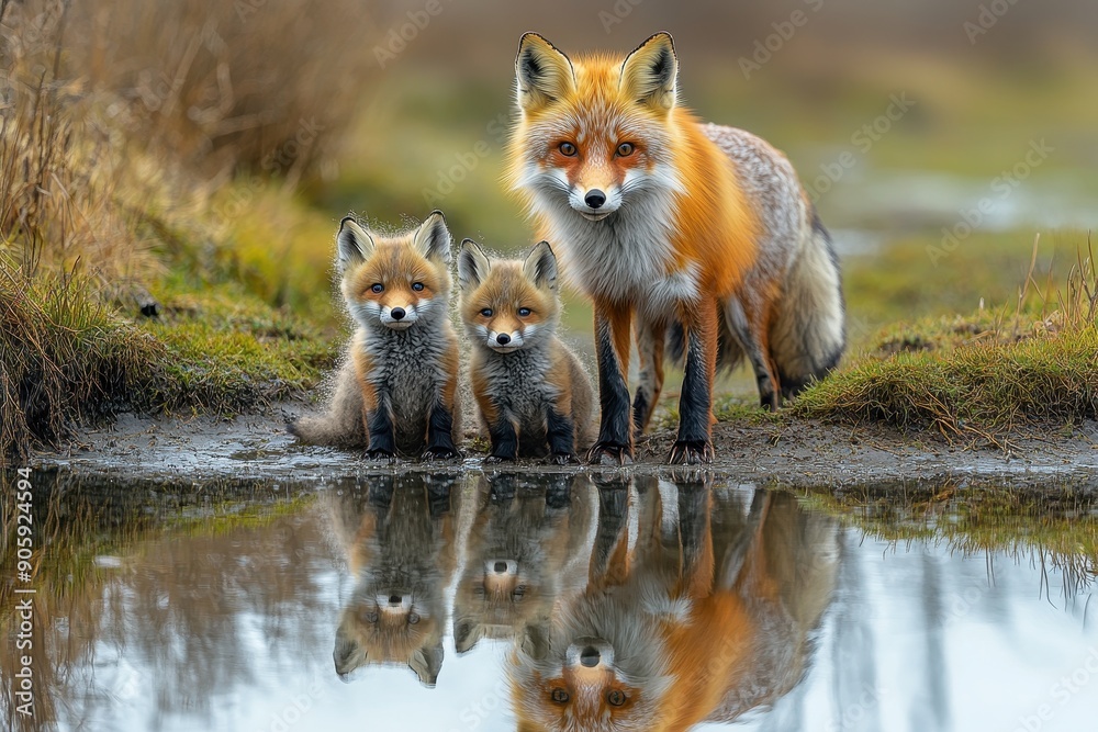 Red Fox Family with Young Kits by the Water's Edge, Reflecting in a ...