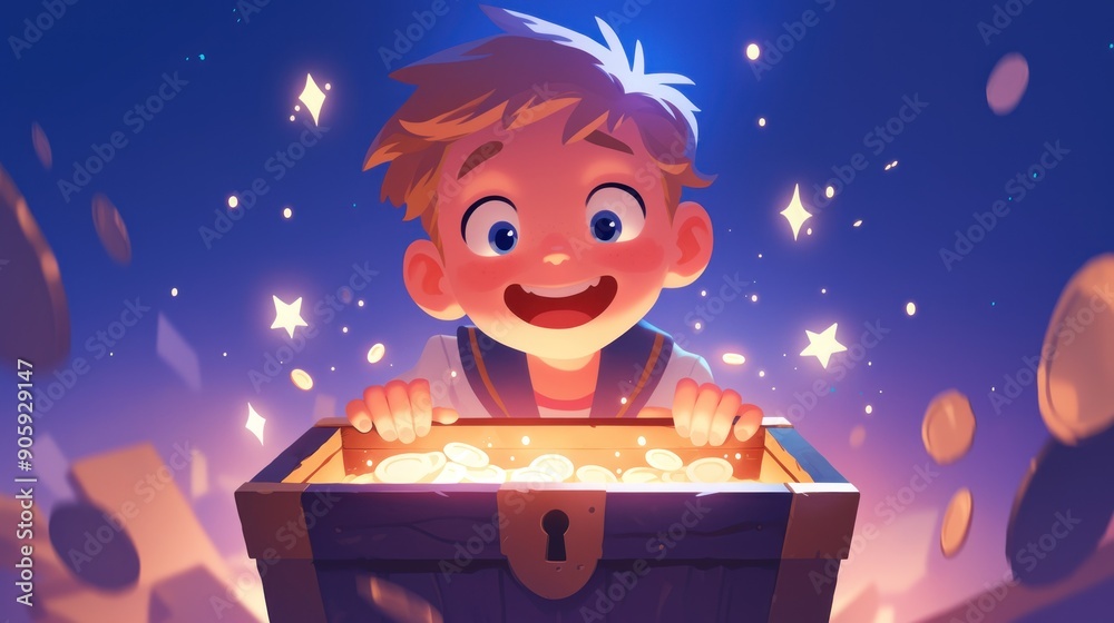 A child is opening a treasure chest, with a backdrop of sparkling stars ...