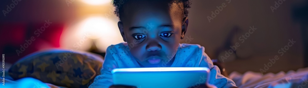 A young boy, captivated by his tablet, lies on a bed illuminated by the ...