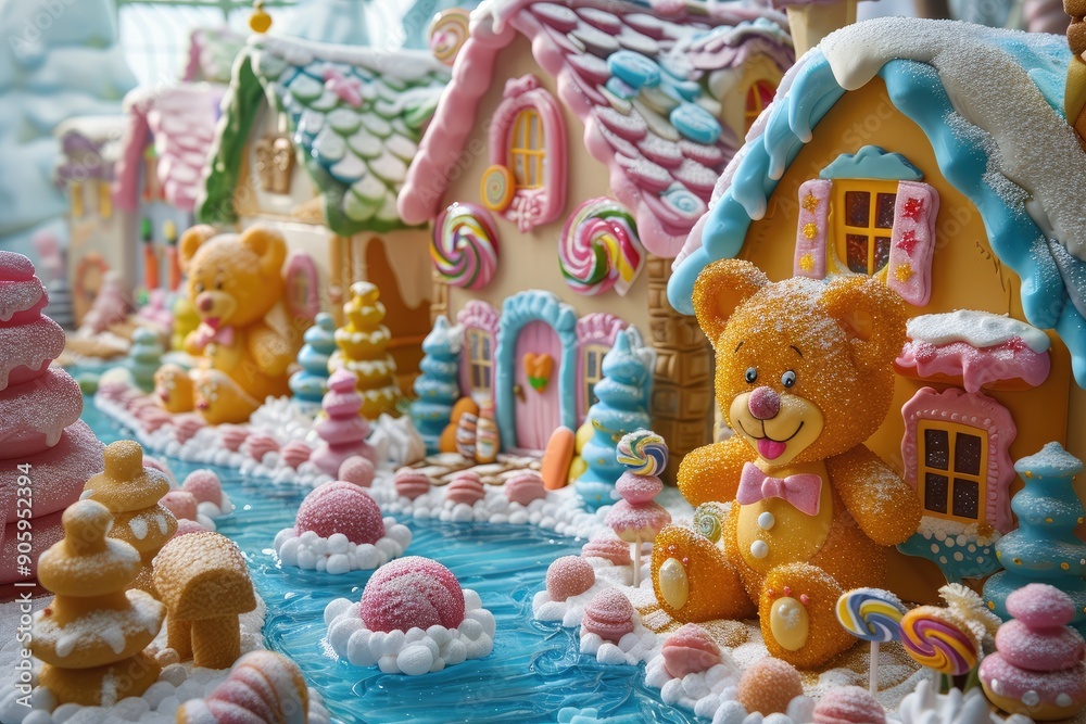 Whimsical gingerbread houses and teddy bears in a candy land setting ...