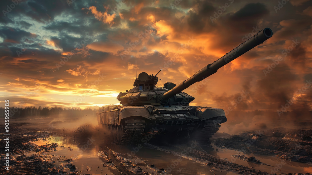 Soviet Tank Silhouette at Sunset - A powerful Soviet tank silhouette ...
