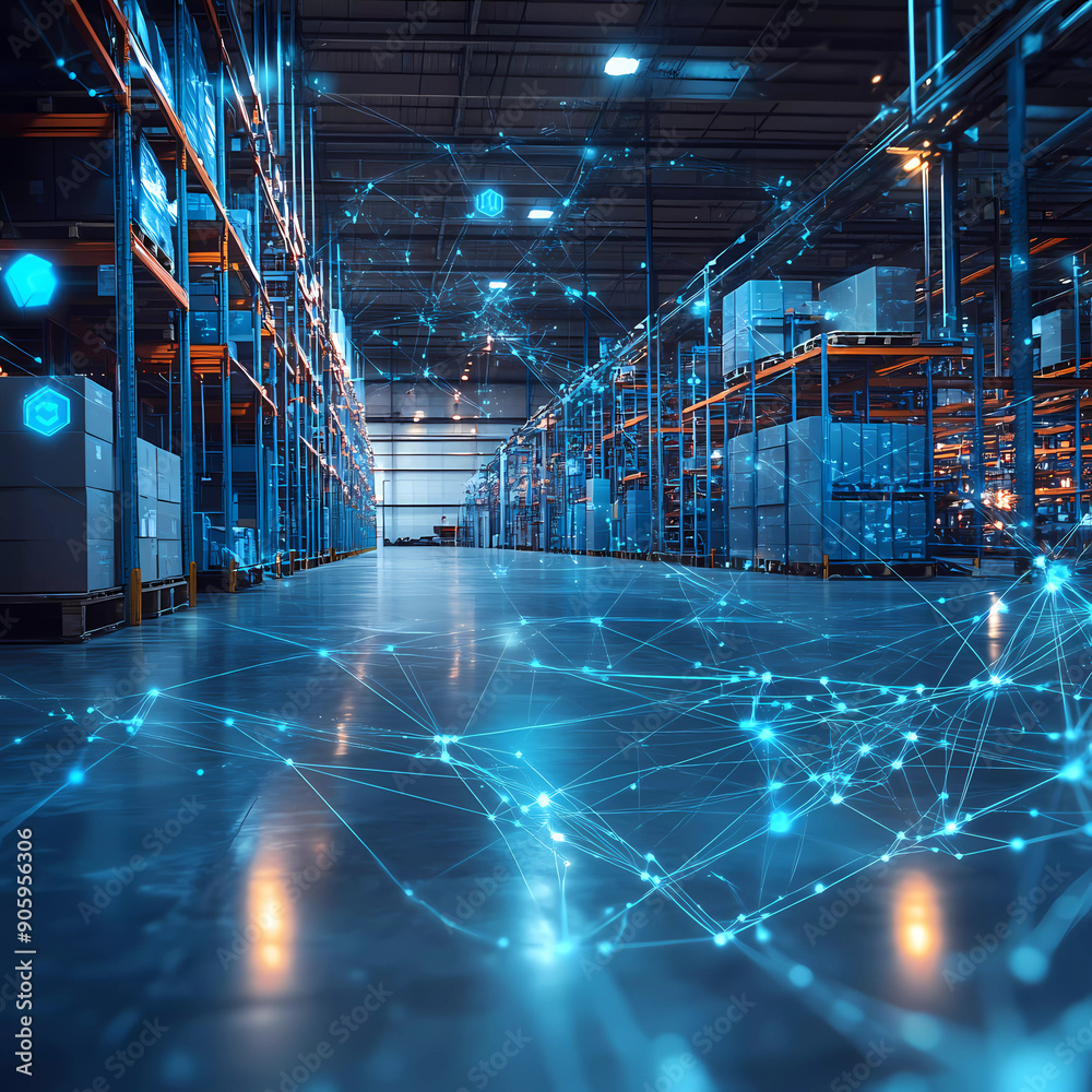 A holographic projection of a supply chain network diagram in a ...