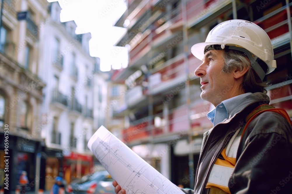 Professional Engineer Reviewing Blueprints at Construction Site with ...