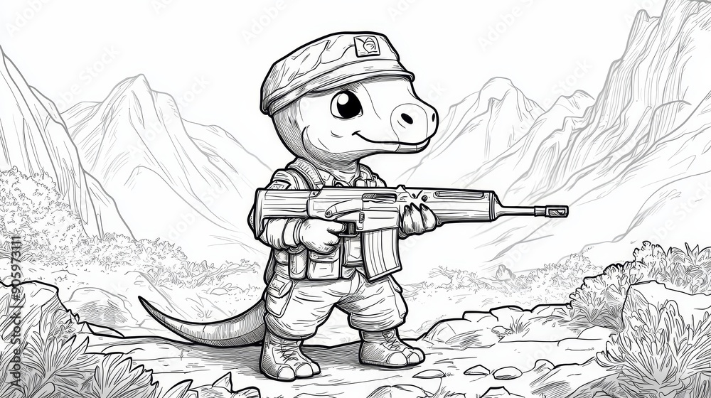 Dinosaur soldier holding rifle standing in mountain landscape coloring ...
