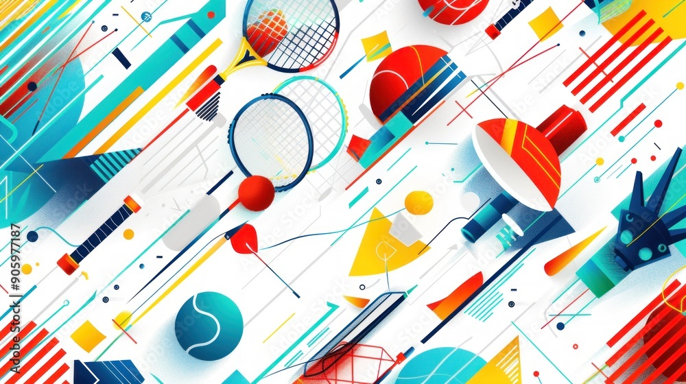 The colorful white shapes and lines represent sports equipment such as ...