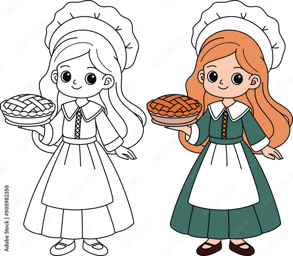 Thanksgiving pilgrim girl cartoon holding pies outline coloring page ...