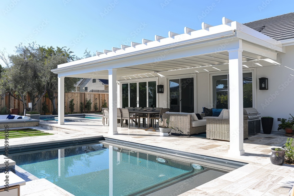 Elegant white aluminum patio cover with square columns on the right ...