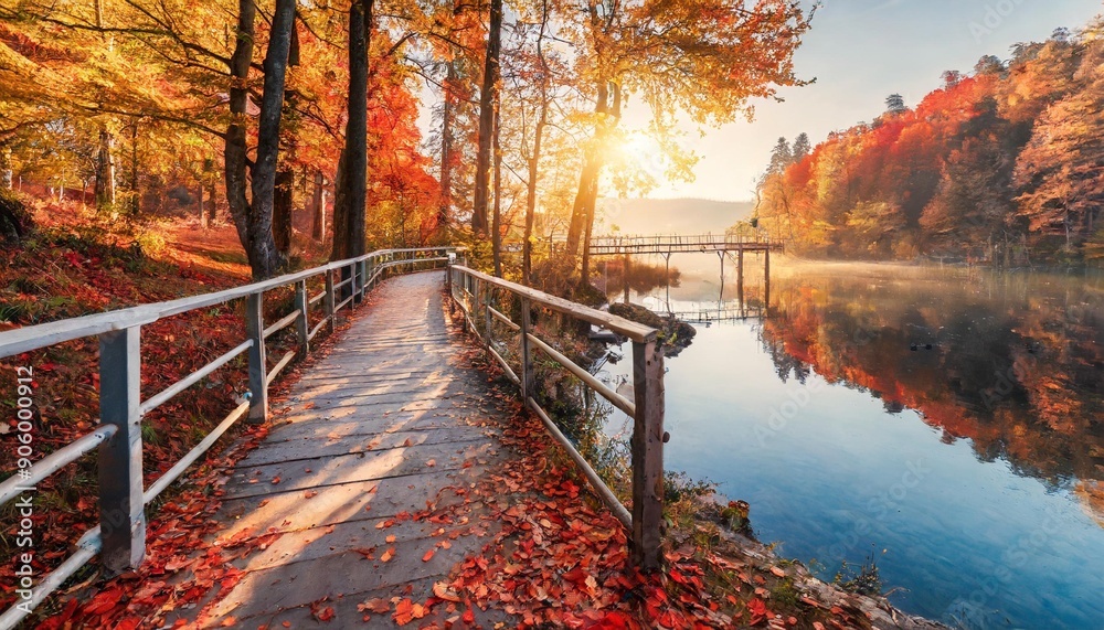 Autumn nature landscape. Lake bridge in fall forest. Path way in gold ...