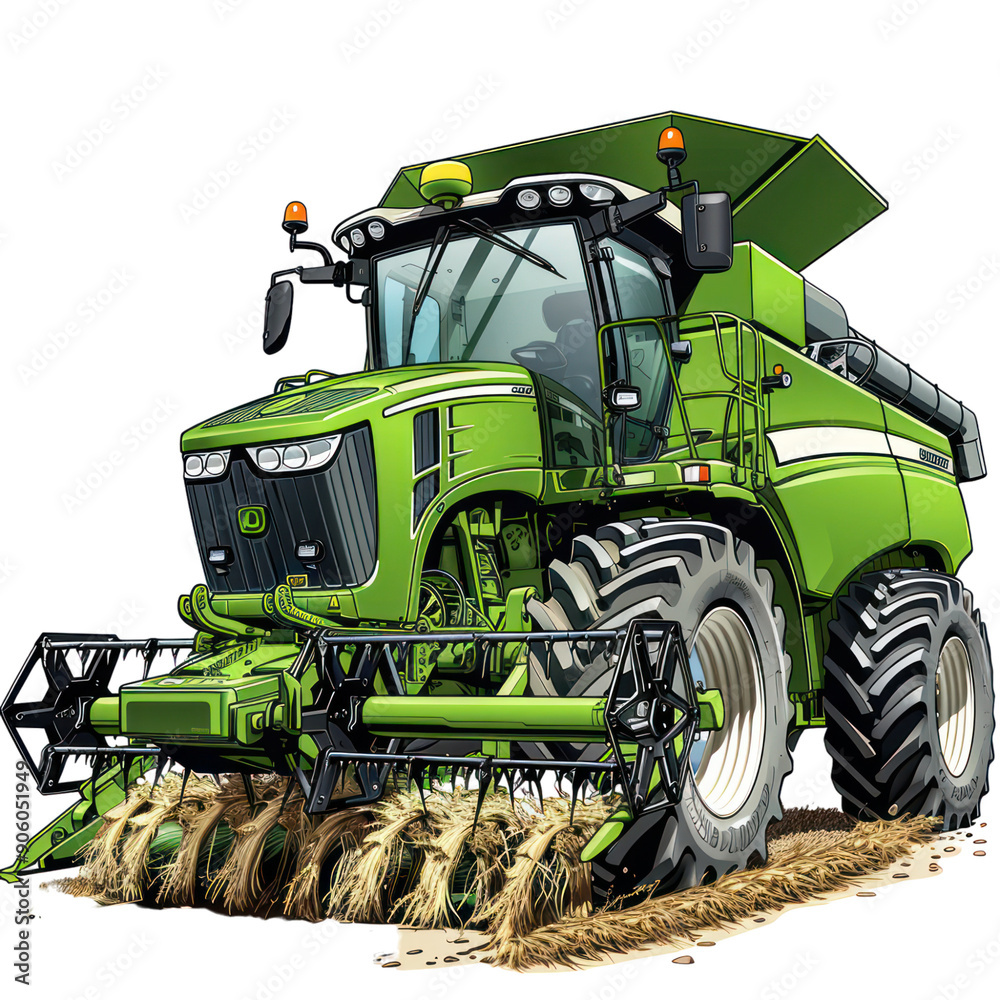 This vibrant cartoon illustration showcases a combine harvester on a ...