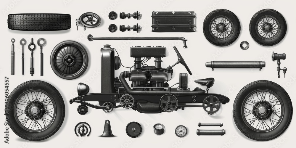 Vintage Car Parts Collection in Monochrome: A Vector Illustration of ...