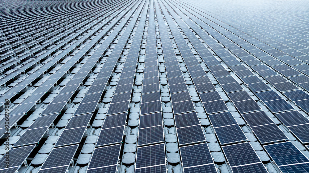 Aerial view hydro floating solar hybrid power plant, Hydro floating ...