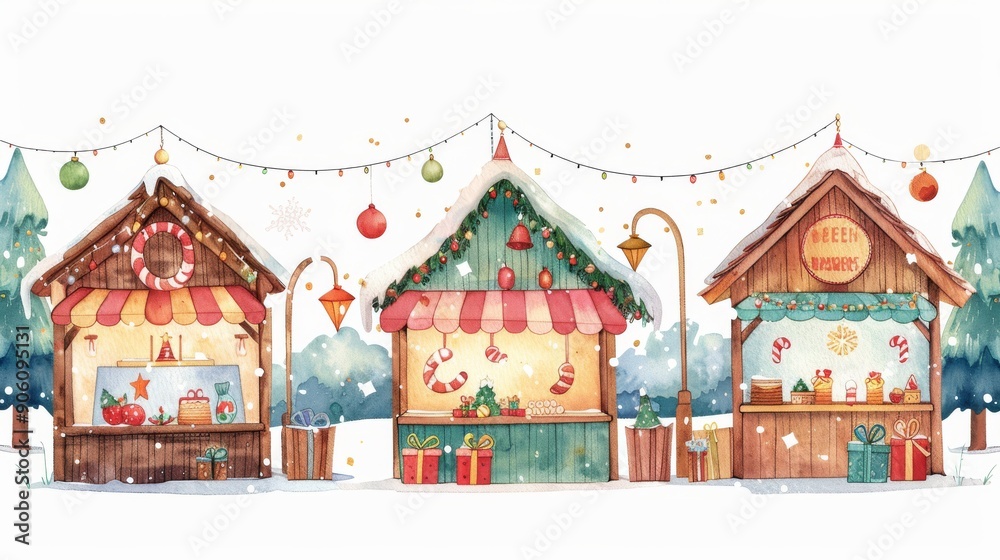 Cartoon watercolor Christmas market with festive stalls and twinkling ...