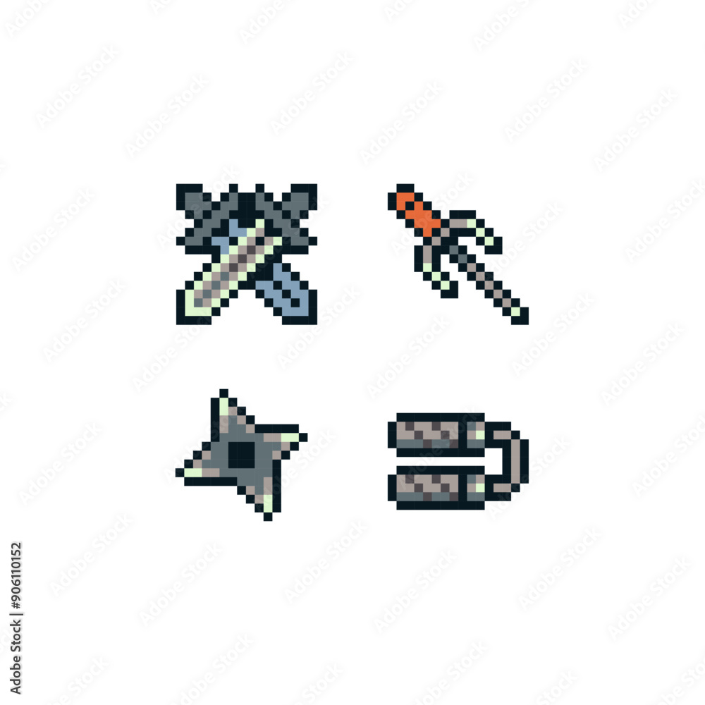Vector de Stock Ninja weapons flat pixel art icons set nunchaku sword ...
