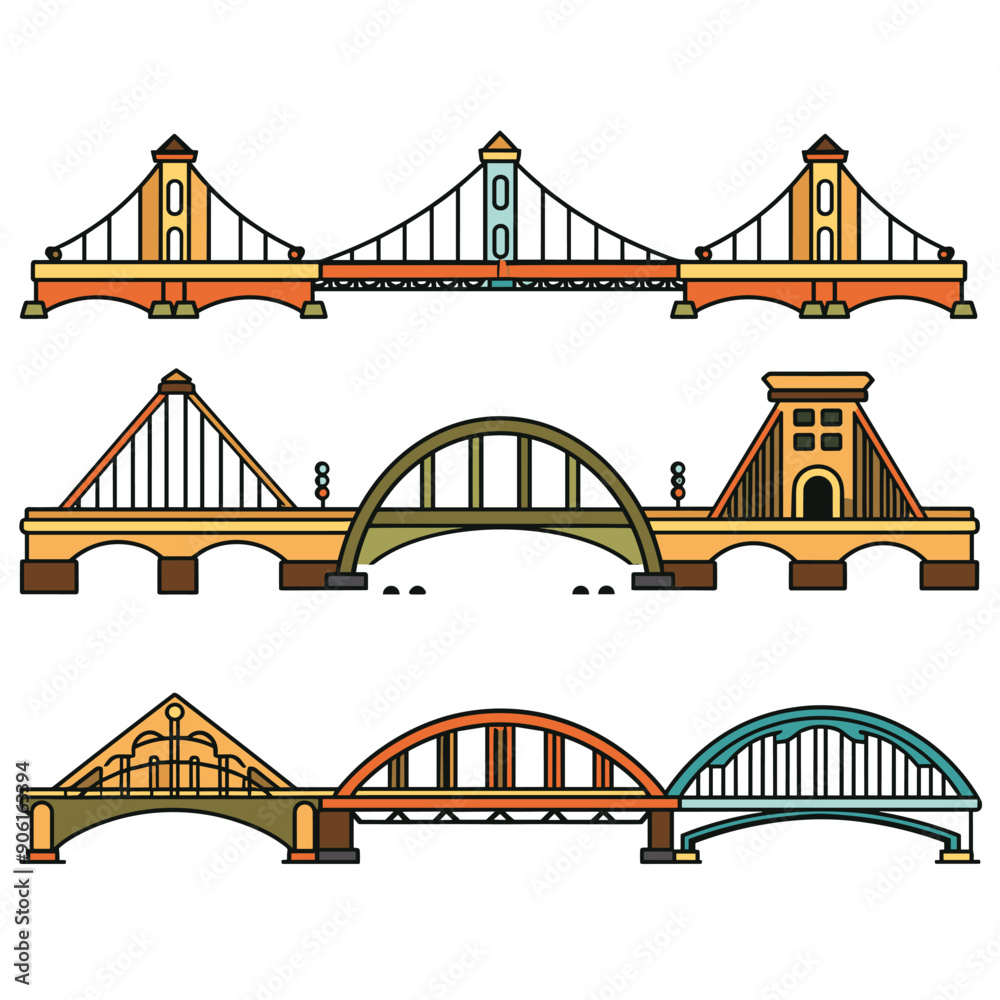 Collection various bridges colorful vector illustrations isolated white ...