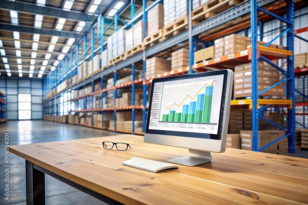 A sleek computer monitor sits on a clutter-free table amidst shelves ...