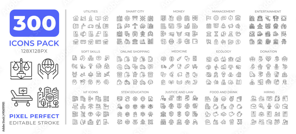 Daily life and technology line icons set collection. Education, ecology ...