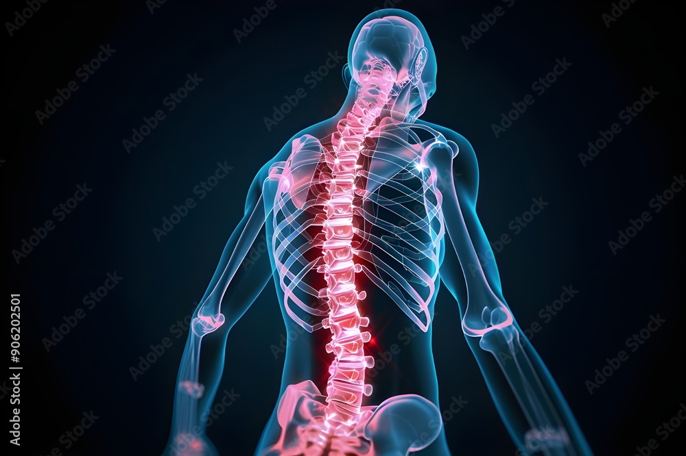 transparent blue human body showing bones and abnormal C-Shaped spine ...