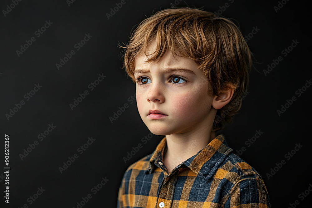 Young boy sad upset, clean background model person looking forward ...