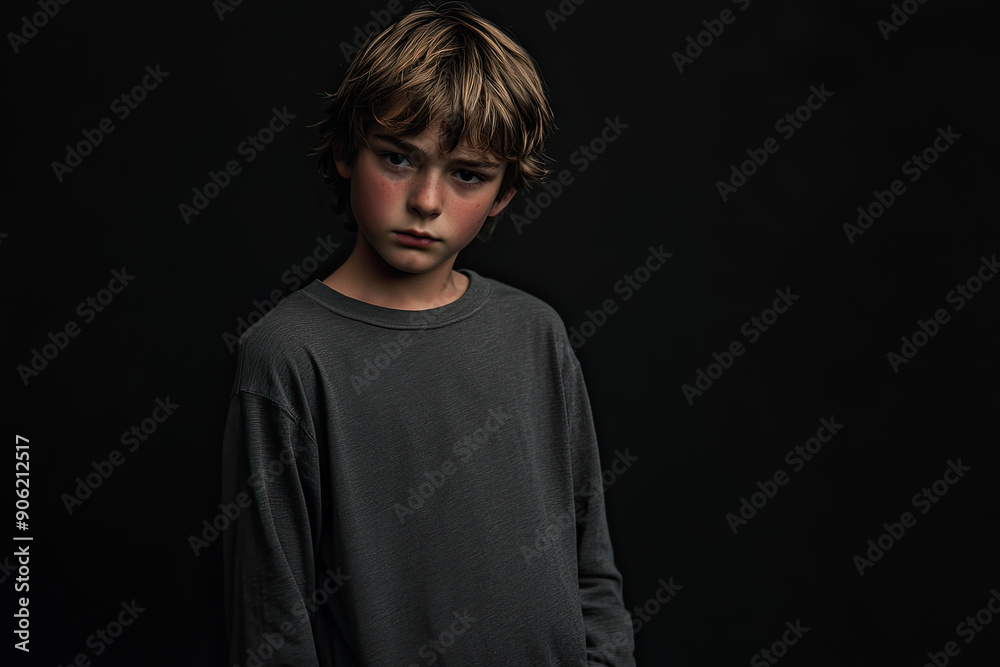 Young boy sad upset, clean background model person looking forward ...