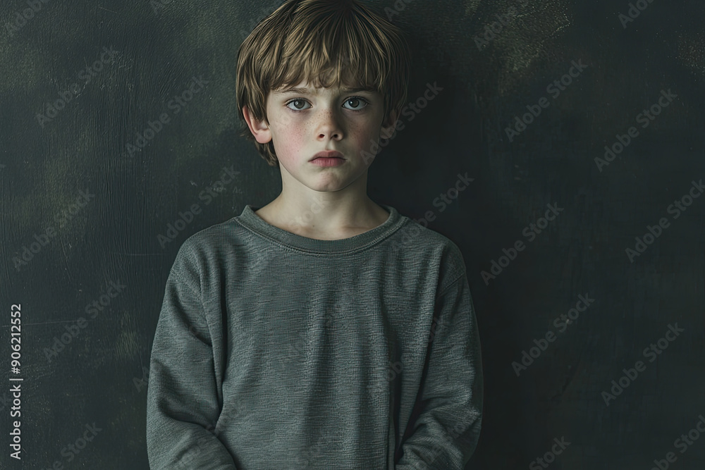 Young boy sad upset, clean background model person looking forward ...