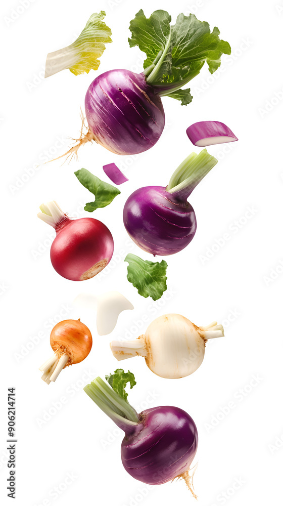 Falling Colorful Turnip mix isolated on white background, full depth of ...