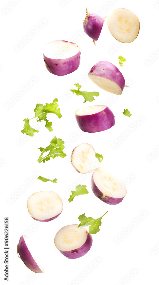 Falling Juicy Turnip slices isolated on white background, full depth of ...