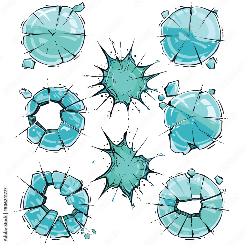 Comic style glass breaking sequence, vivid turquoise shattered ...