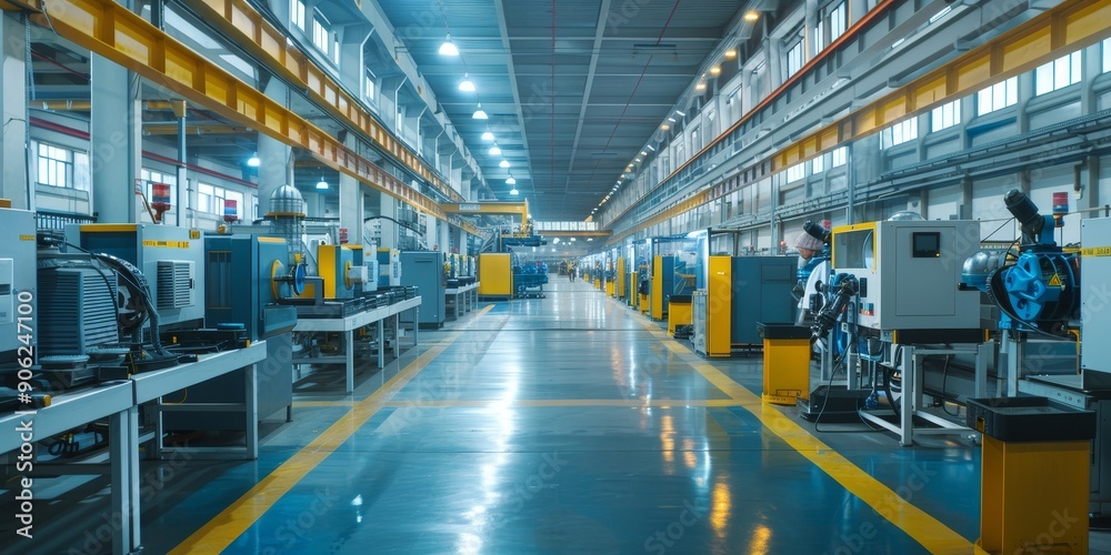 Factory interior with loud machinery and workers wearing ear protection ...
