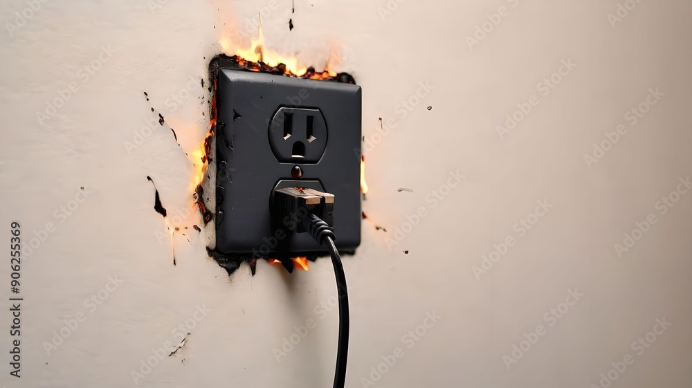 Fire burnt wall electricity plug with black cable. Electrical power ...