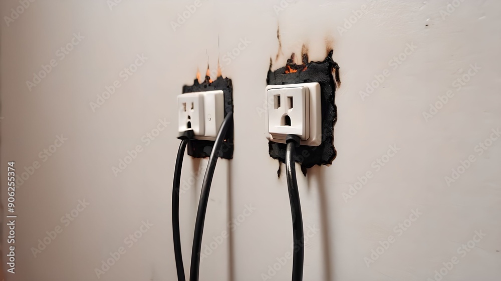 Fire burnt wall electricity plug with black cable. Electrical power ...