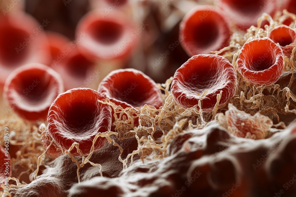 Macro shot of platelets aggregating to form a clot, highlighting the ...