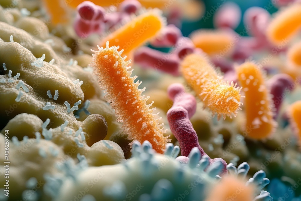 High magnification of bacteria interacting with gut epithelial cells ... High magnification of bacteria interacting with gut epithelial cells ...