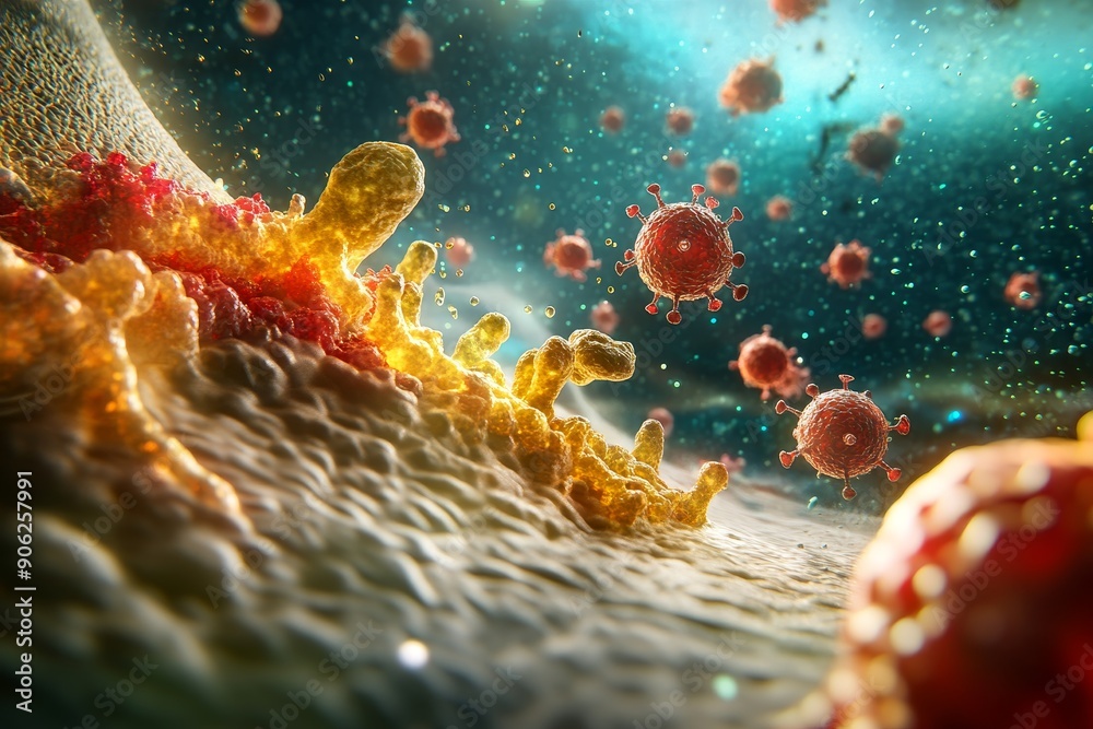 Detailed portrayal of virus particles entering a host cell, focusing on ...