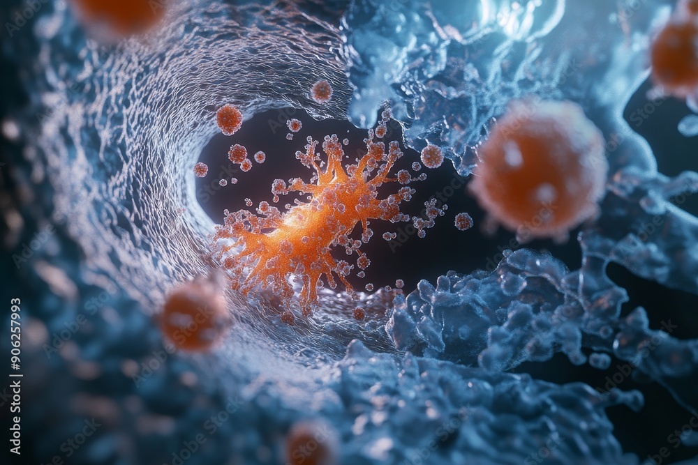 Detailed portrayal of virus particles entering a host cell, focusing on ...