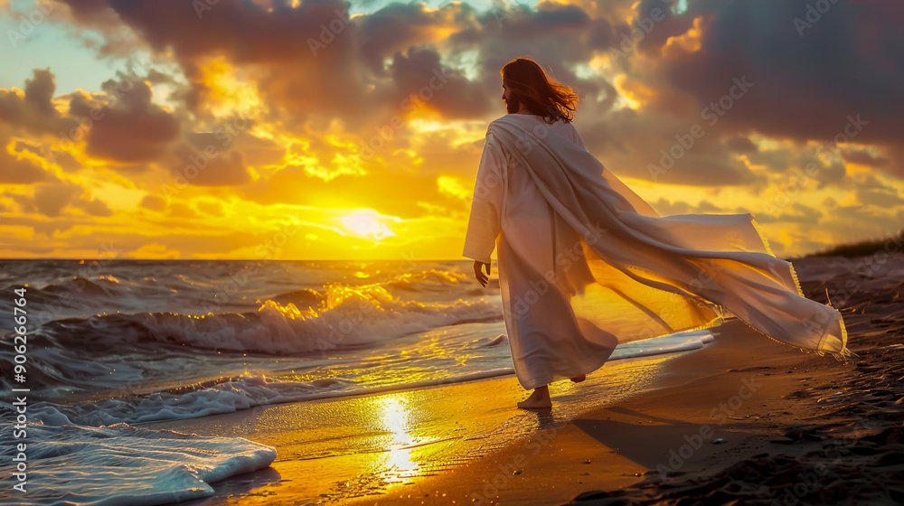 Hyper-realistic image of Jesus walking on the beach at sunset, his ...