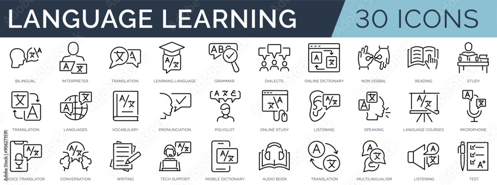 Set of 30 outline icons related to language learning. Linear icon ...