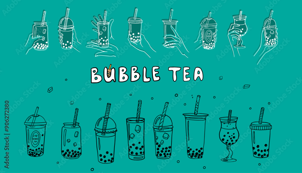 Set of hand drawn bubble tea theme elements in doodle style. Boba milk ...