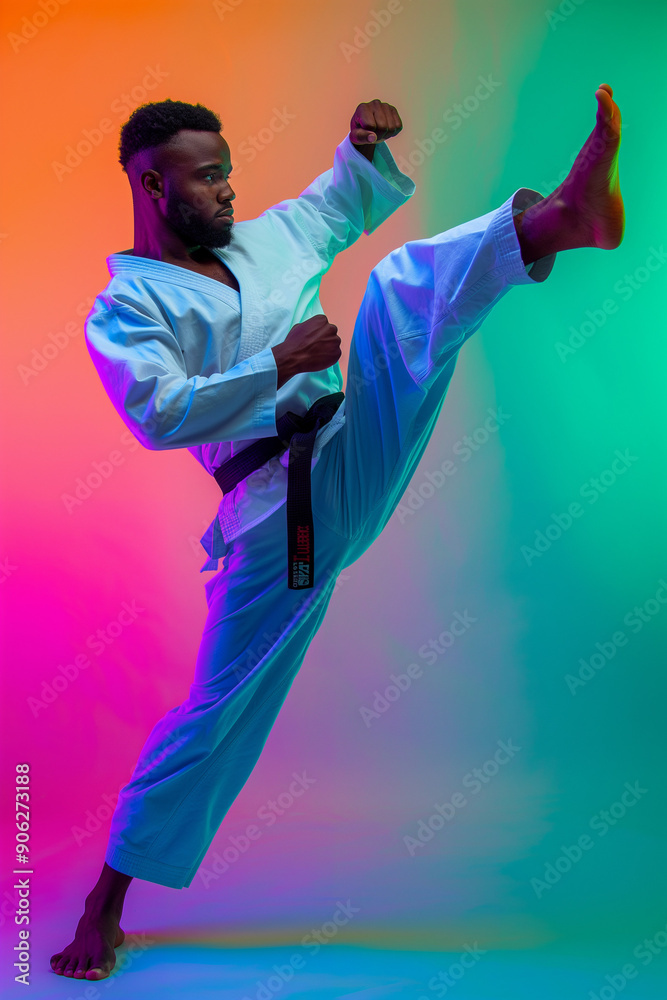 Karate master performing a high kick with a vibrant, colorful ...