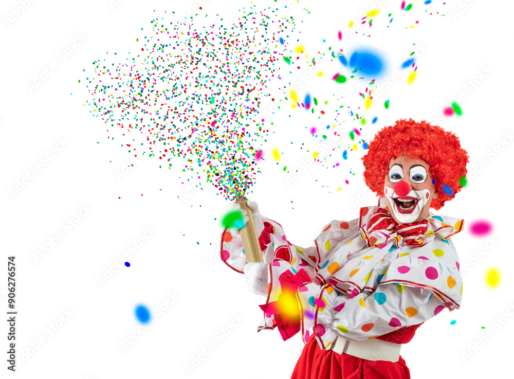 Funny clown pulling carnival cracker. Entertainer Joker in colorful ...