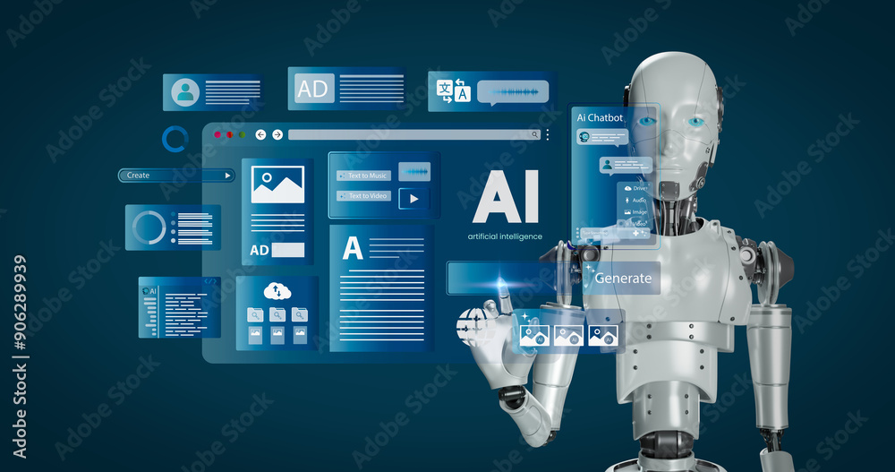 Ai technology. Artificial Intelligence. Humanoid Robot use AI tools for ...