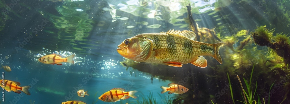 A large yellow perch swims beneath a shimmering surface of water, its ...