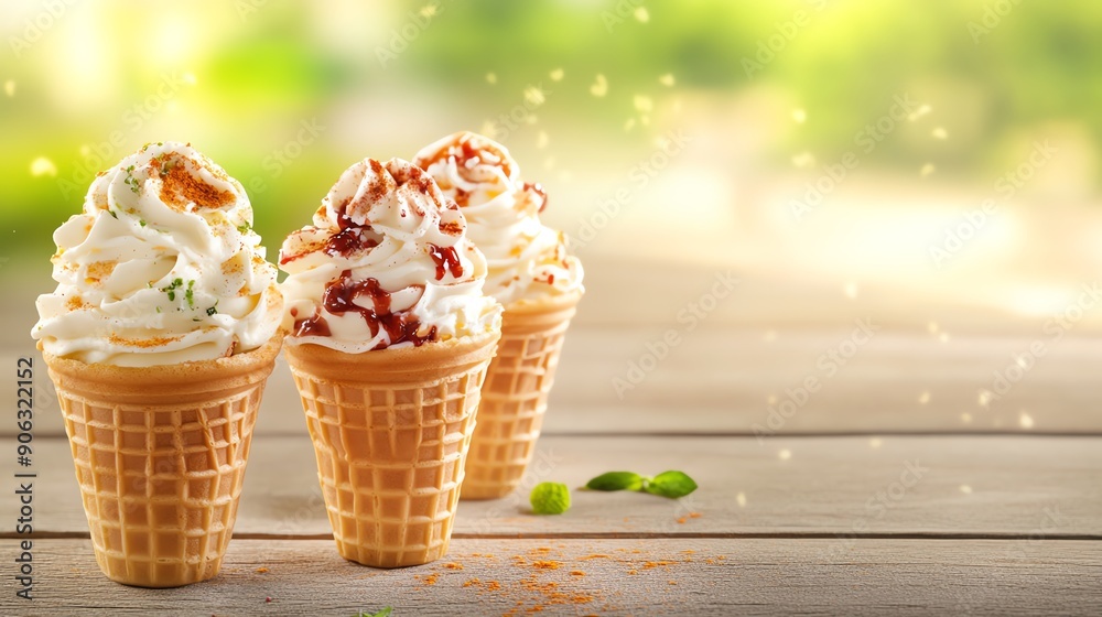 Gelato cones, variety of flavors, served in crispy wafers, quaint ...