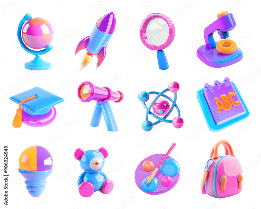 Education 3d isolated icon set. 3d illustrations on a transparent ...