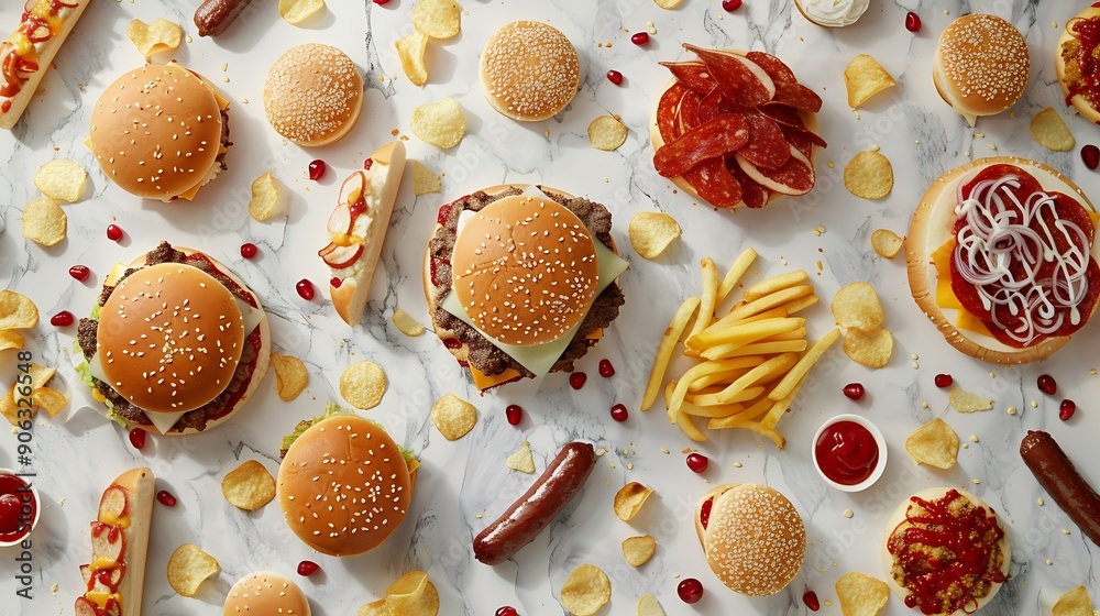 Junk food table scene scattered over a white marble background ...