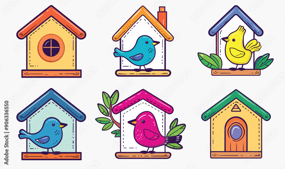 Brightly colored birdhouses vector illustration, cartoon birds home ...