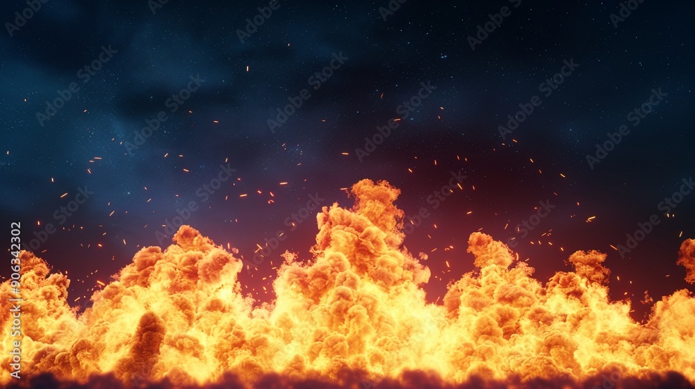Blazing inferno from an explosive eruption, wreckage and highintensity ...