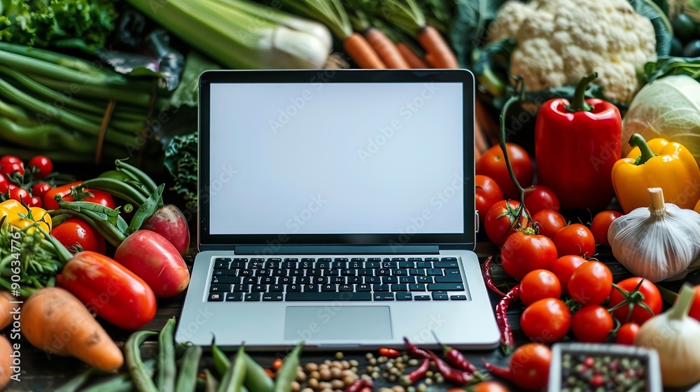 Laptop computer with mockup white screen on vegetarian healthy food ...