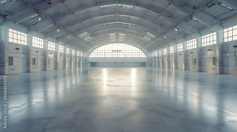 Huge empty industrial warehouse building White interior Hemispherical ...